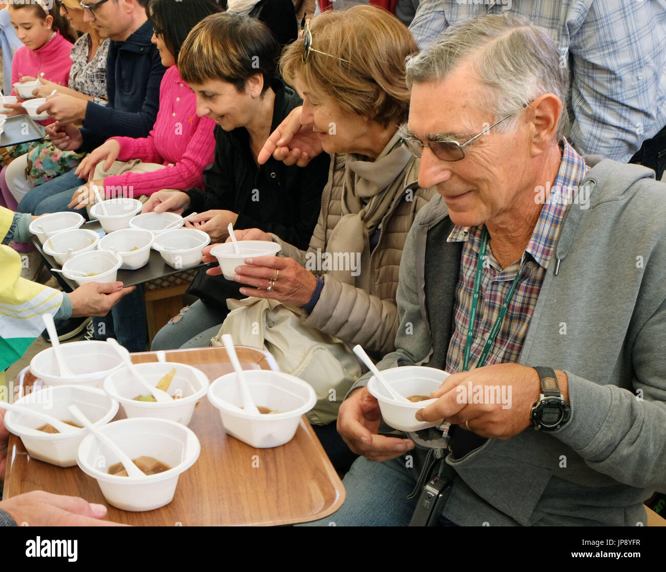 Visitors get a taste of "imoni" taro stew at the Japan Pavilion of Expo ...