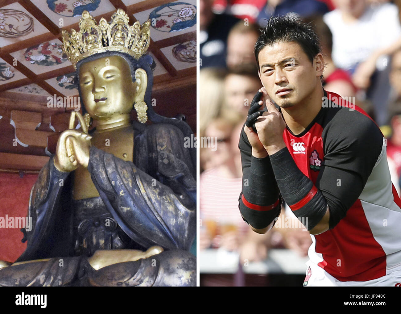 Combination photo shows a Buddha statue at the Seki Zenkoji temple in ...