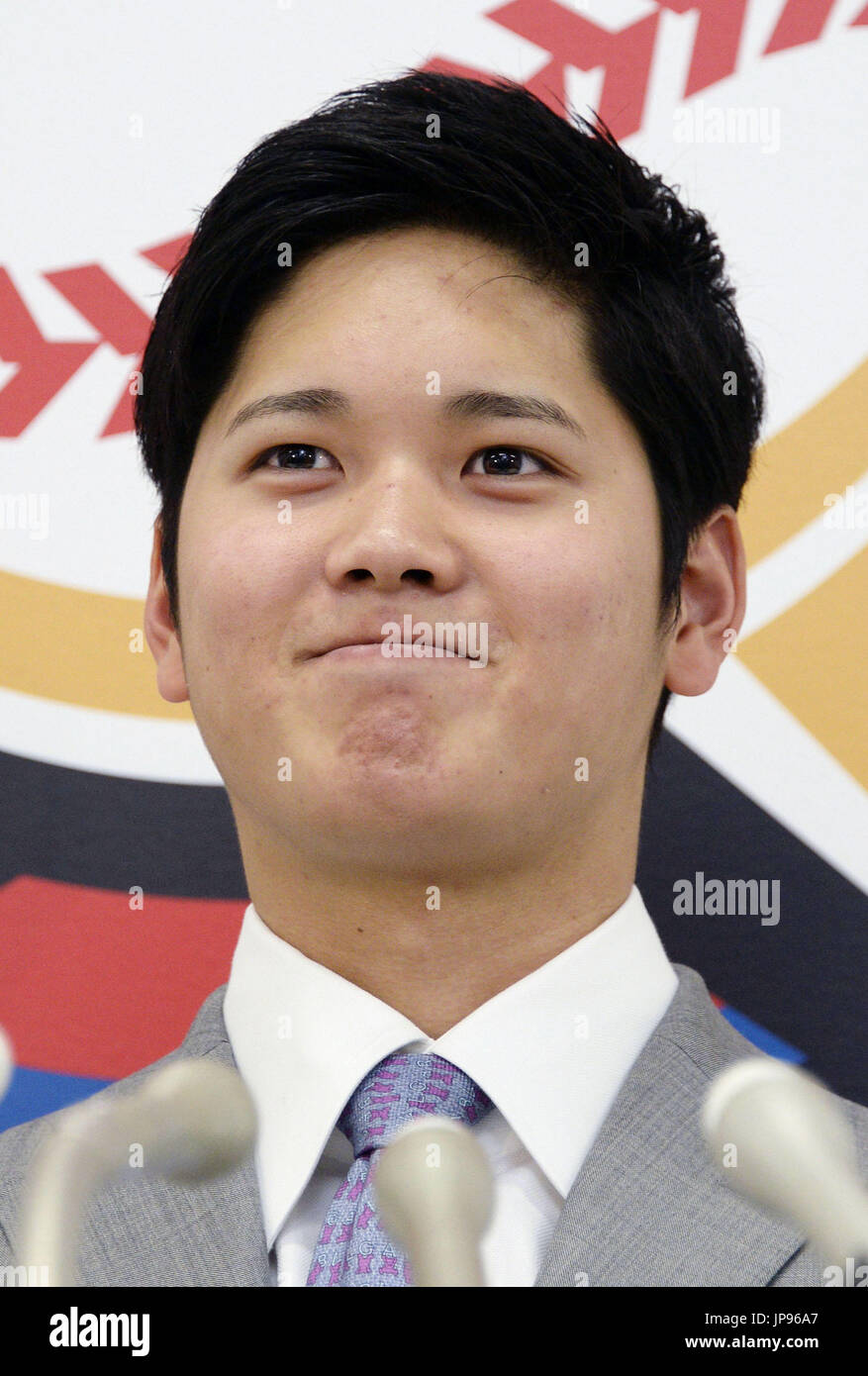 Japanese pitcher Shohei Otani attends a press conference in the ...