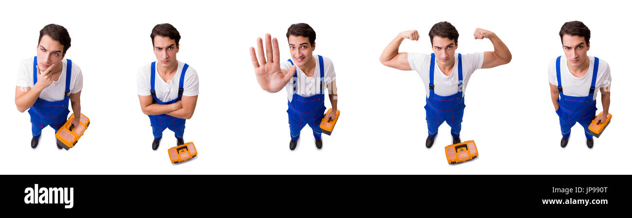 Funny repairman with tools isolated on white Stock Photo - Alamy