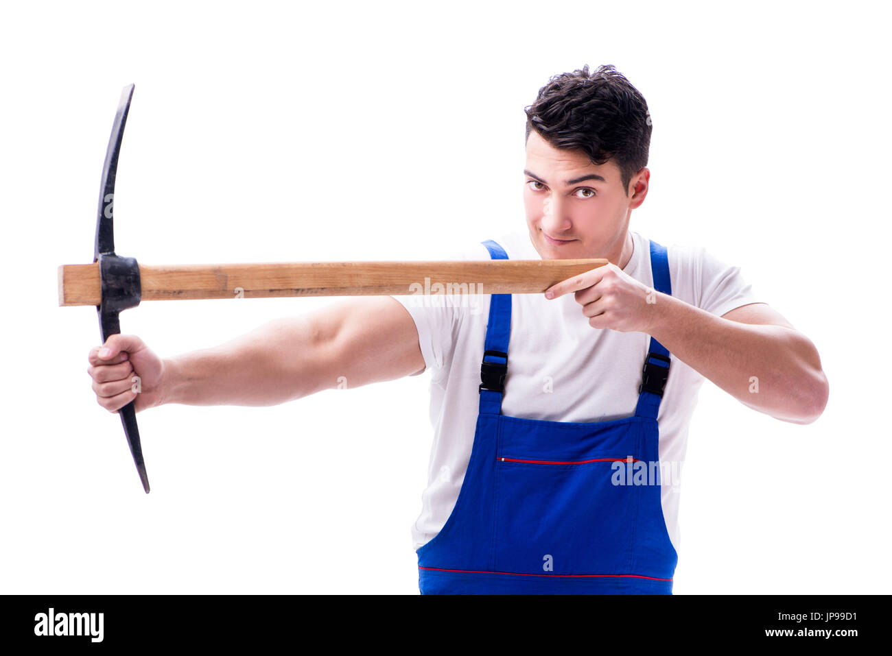 Man with a digging axe hoe on white background isolated Stock Photo - Alamy