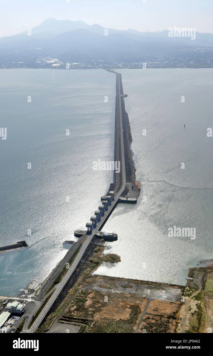 Photo taken in February 2015 shows a floodgate at the Isahaya Bay dike ...