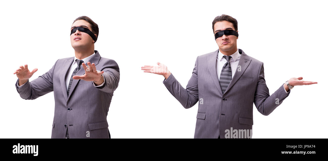 Blindfolded businessman isolated on white Stock Photo - Alamy