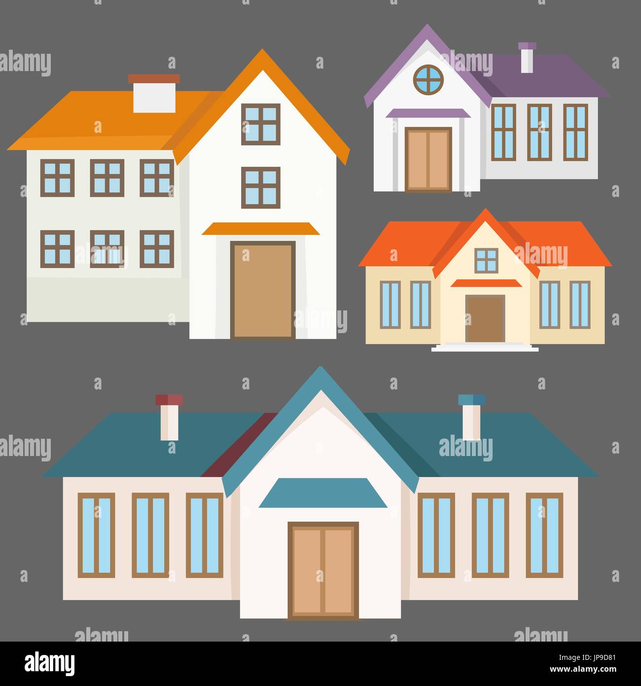 Colorful flat houses collection on grey backdrop, vector illustration ...