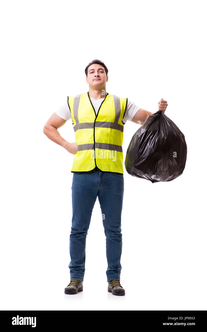 Man with garbage sack isolated on white Stock Photo - Alamy