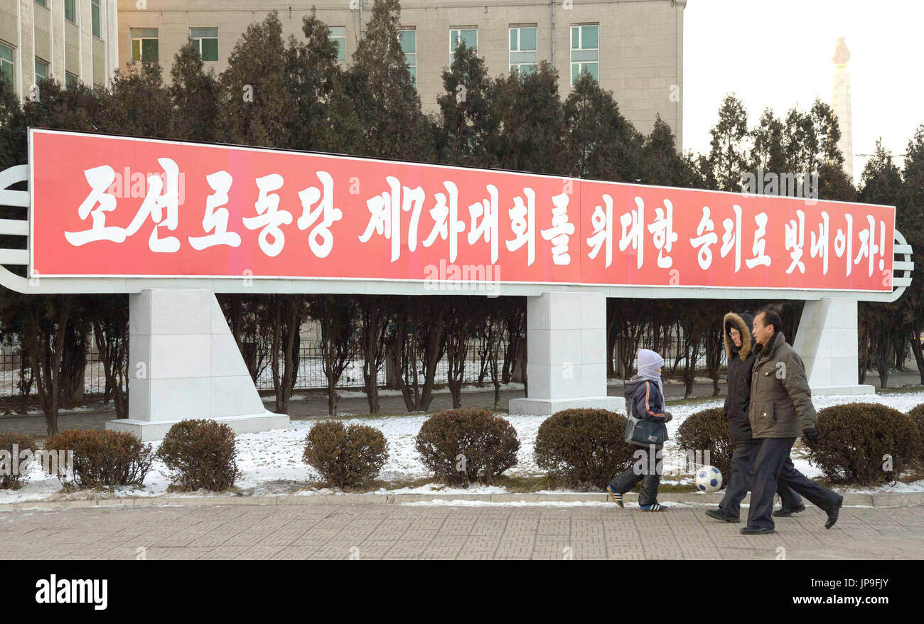 Photo taken Jan. 11, 2016, shows a slogan displayed in Pyongyang ...