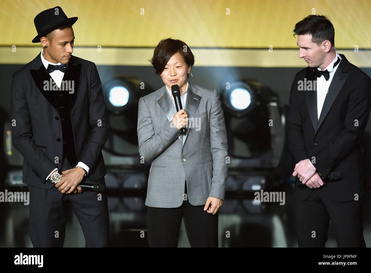 (From L) Neymar of Brazil, Aya Miyama of Japan and Lionel Messi of ...