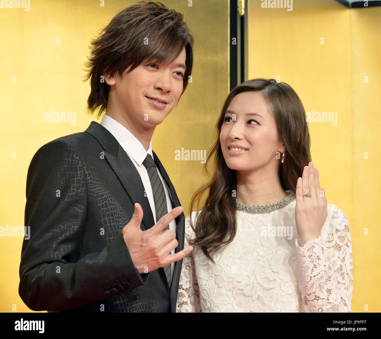 Singer DAIGO (L) and actress Keiko Kitagawa pose for a photo after a ...