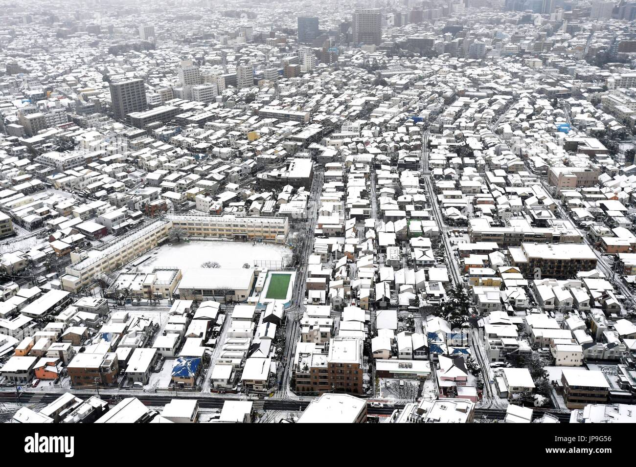 Photo taken from a Kyodo News helicopter shows the residential area of ...