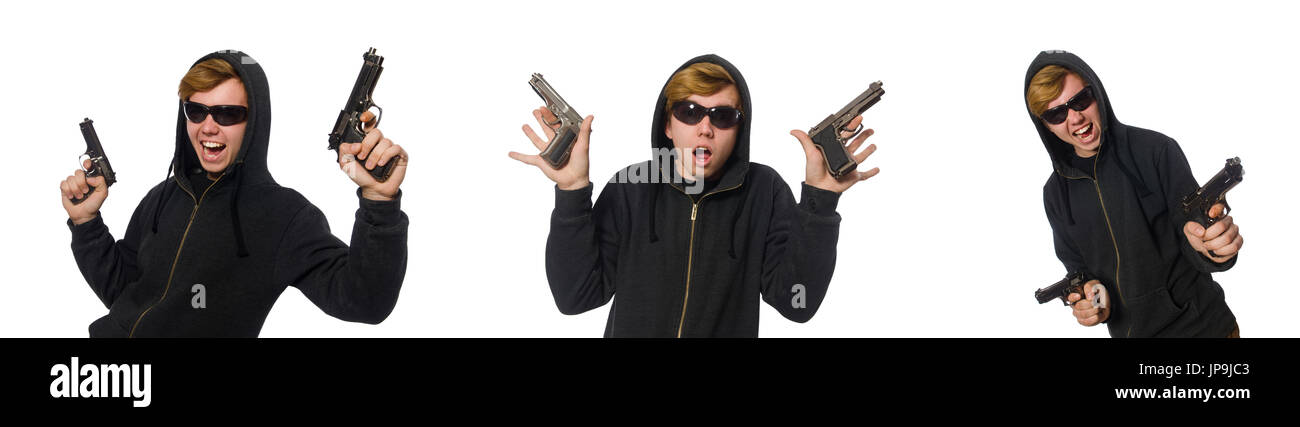 Aggressive man with gun isolated on white Stock Photo - Alamy