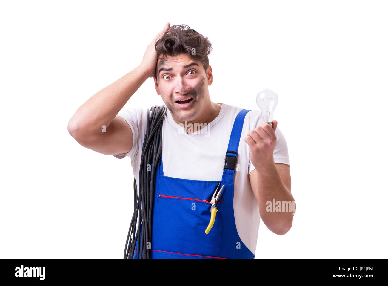 Funny man doing electrical repair Stock Photo - Alamy