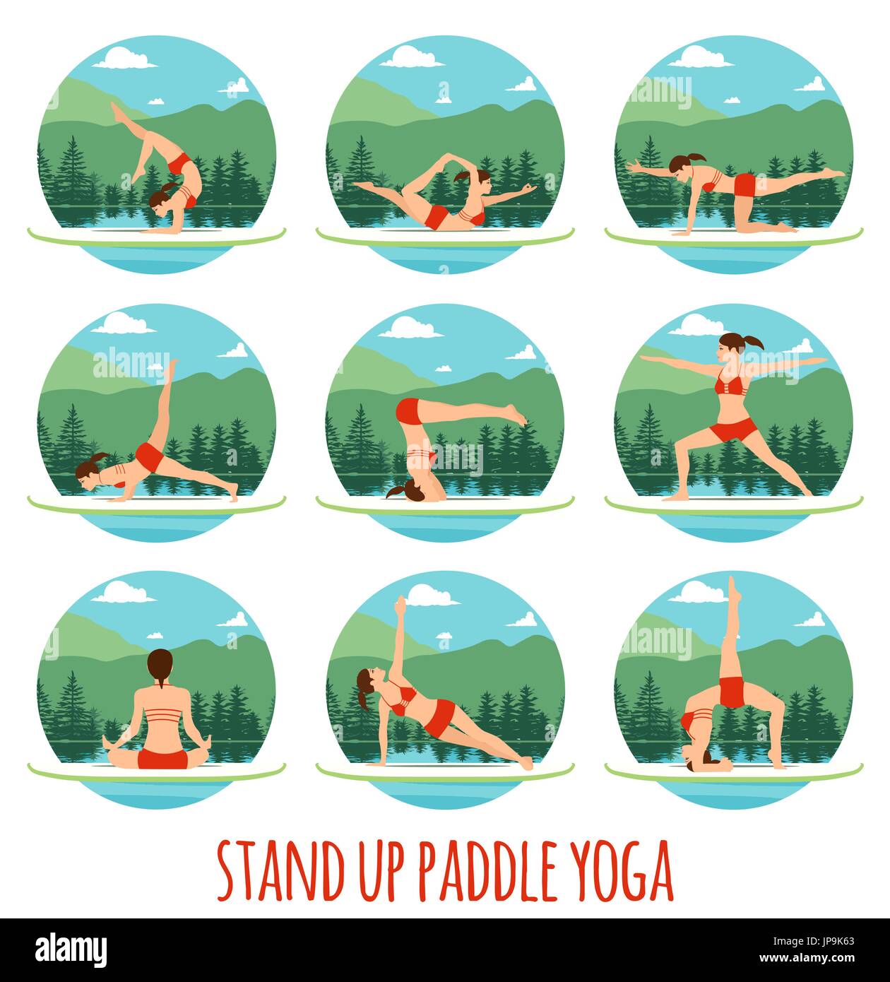 Woman doing Stand Up Paddling Yoga on Paddle Board on Water at lake ...