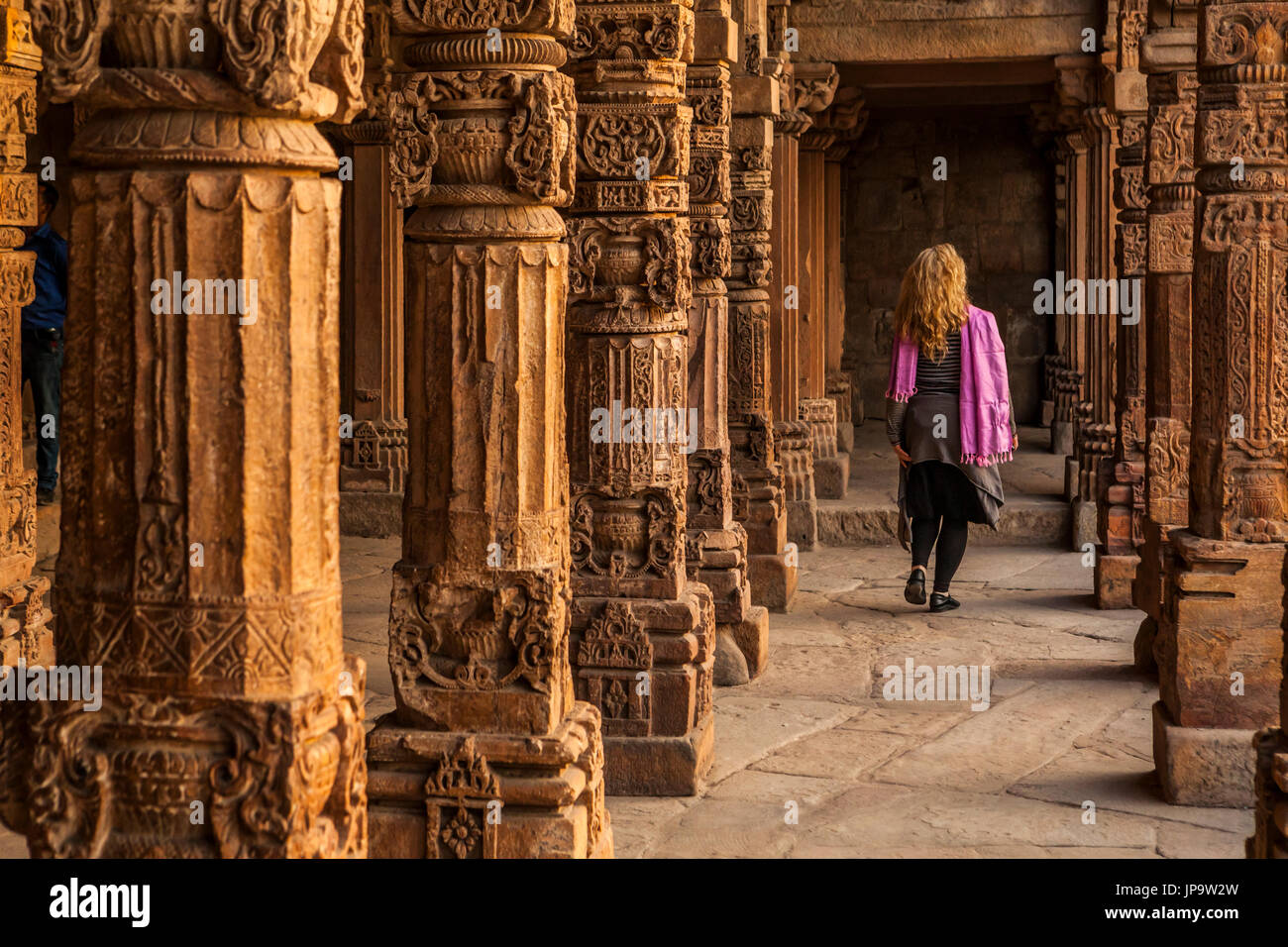 A line of ornate stone columns in the Qutb Complex, Delhi, India Stock ...