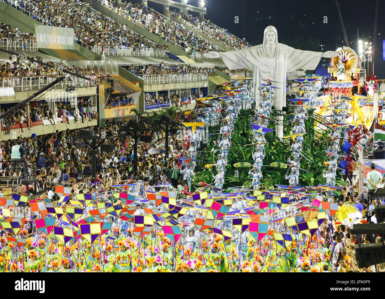 A float modeled on the Christ the Redeemer statue in Rio de Janeiro ...