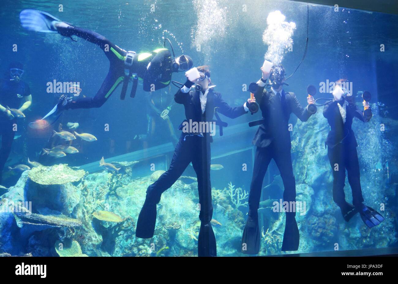 Three recruits at Toba Aquarium in Toba, Mie Prefecture, western Japan ...