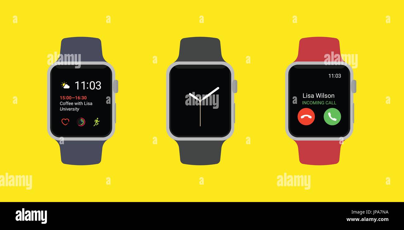 Smart Watch Icons Set. Smartwatches displaying various information in ...