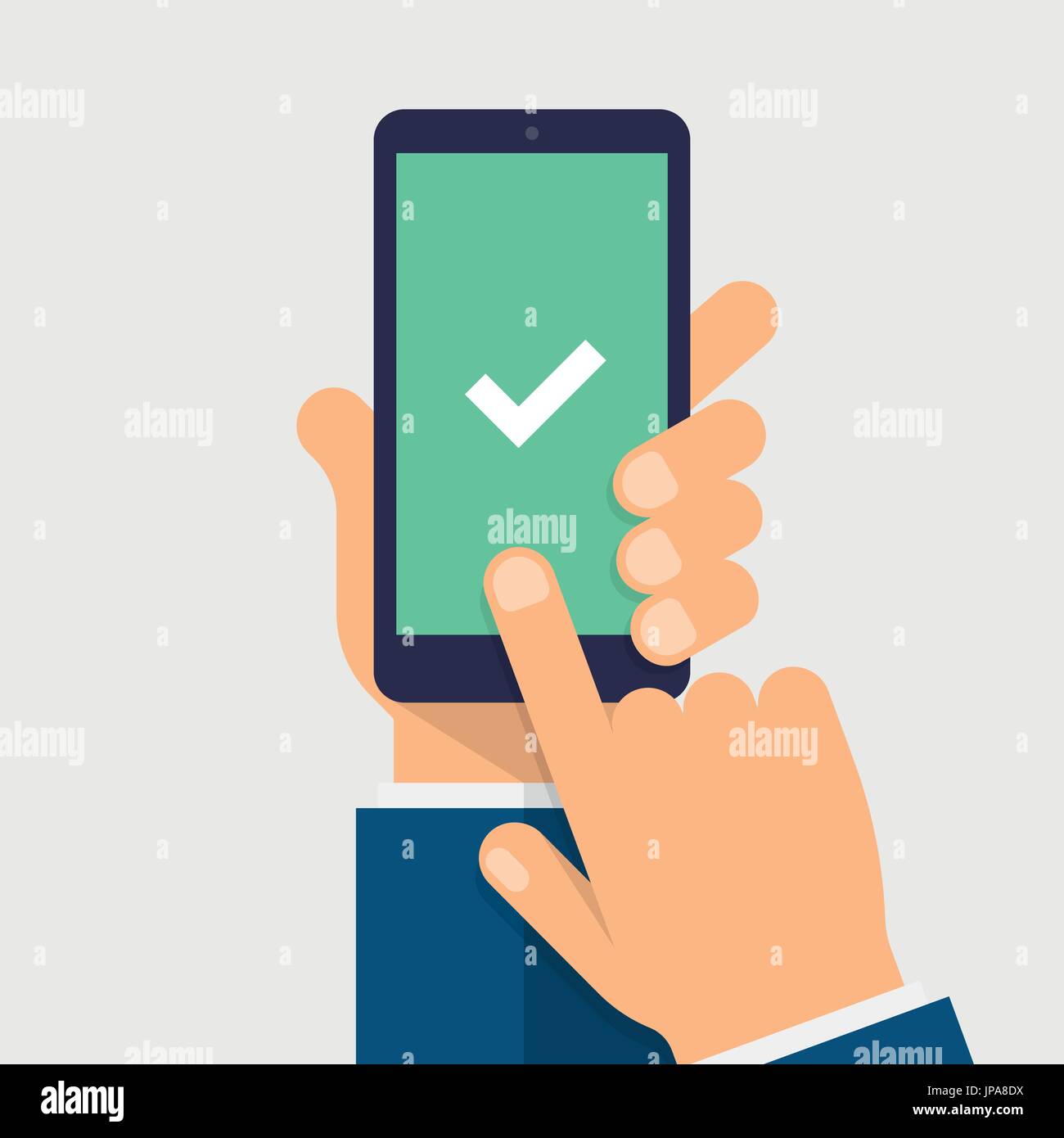 Check mark on smart-phone screen. Hand holding smart phone. Finger on ...