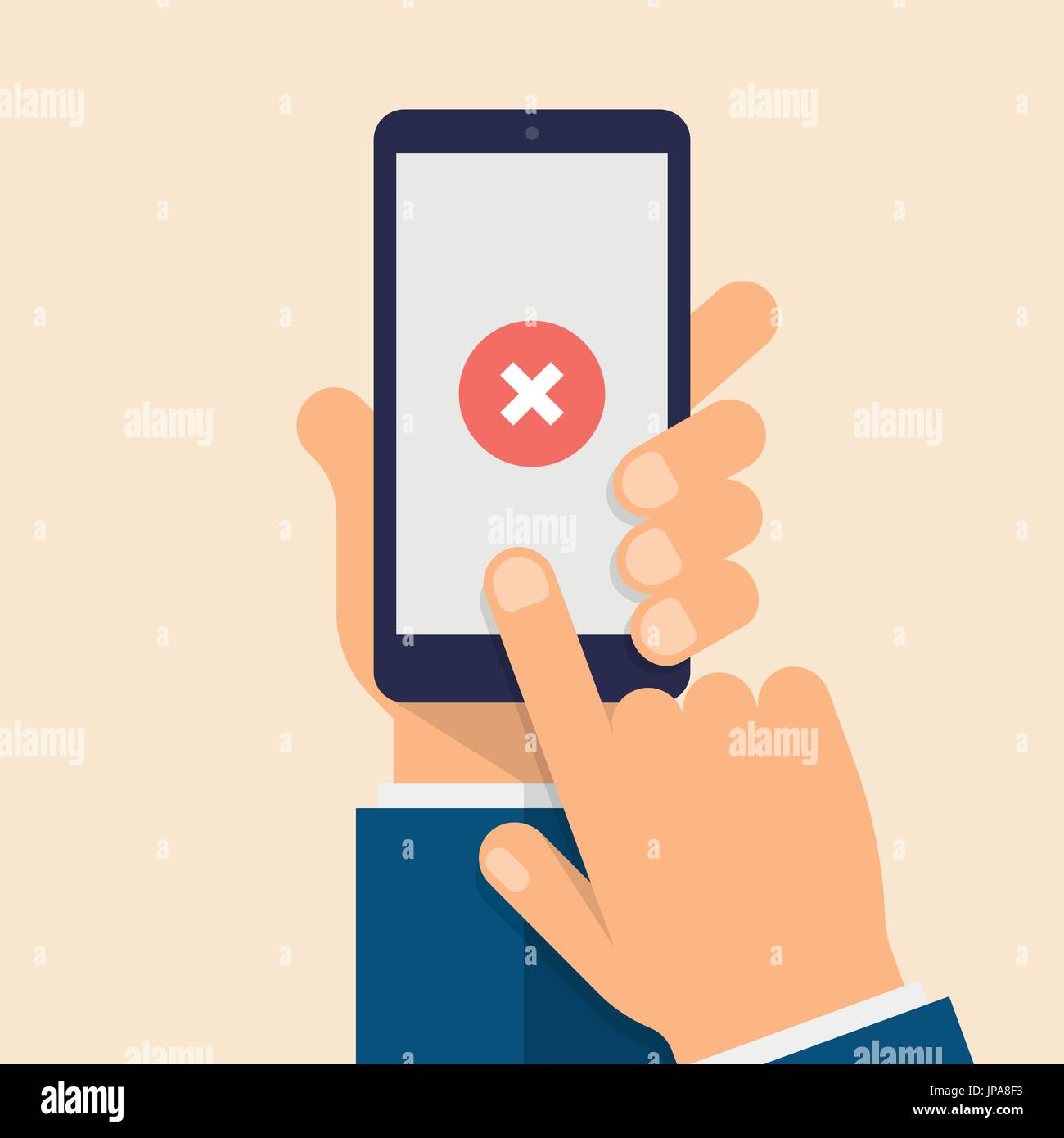 Cross mark on smart-phone screen. Hand holding smart phone. Finger on ...