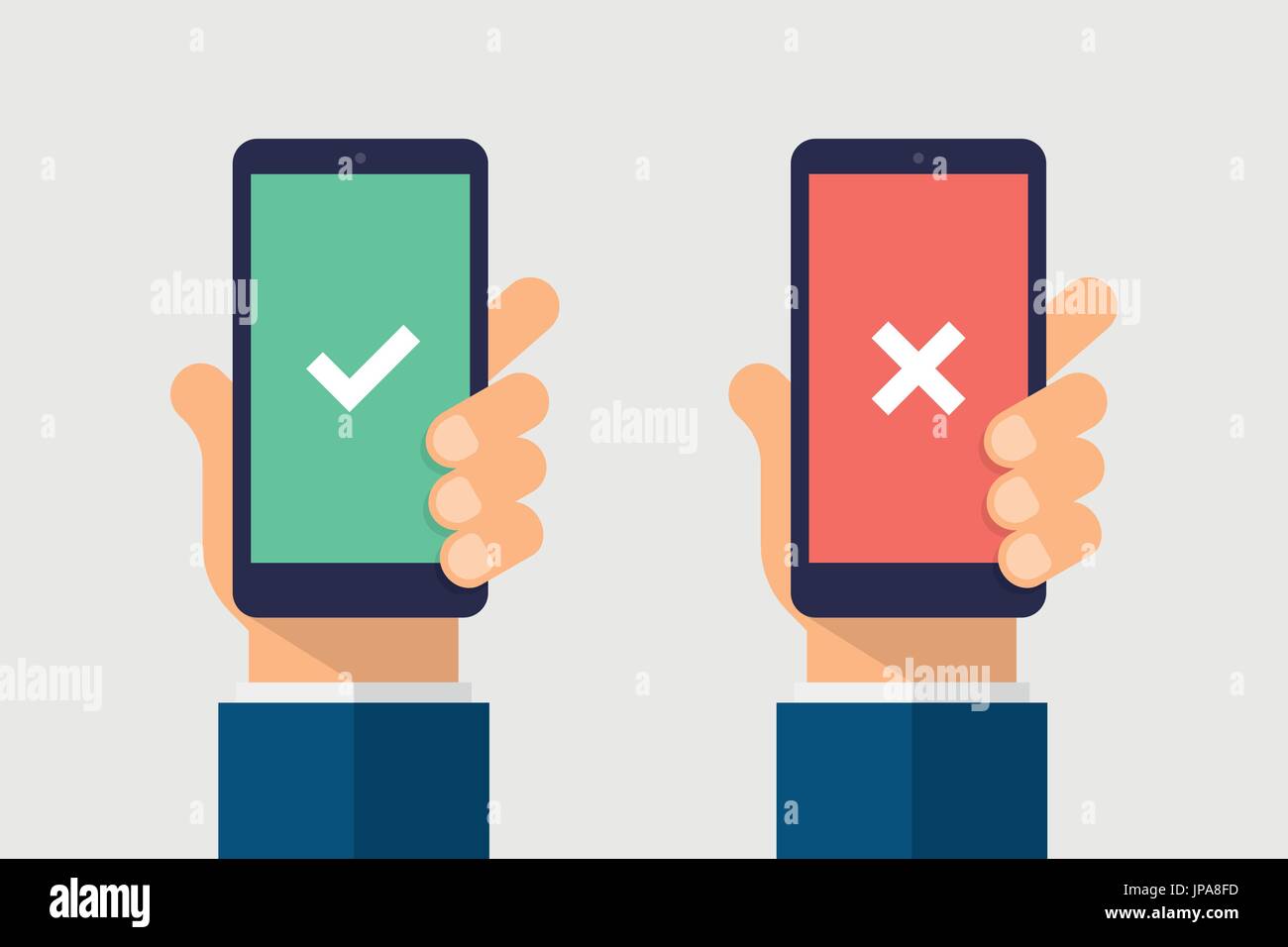 Check and cross mark on smartphone screen. Hand holding smart phone ...