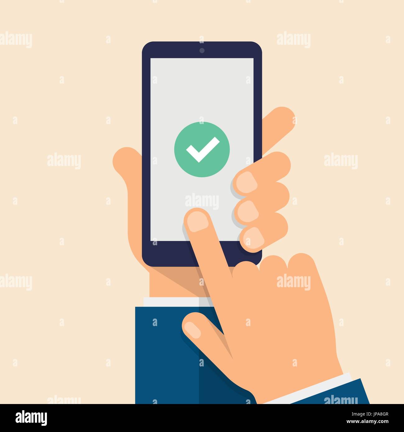 Check mark on smart-phone screen. Hand holding smart phone. Finger on ...