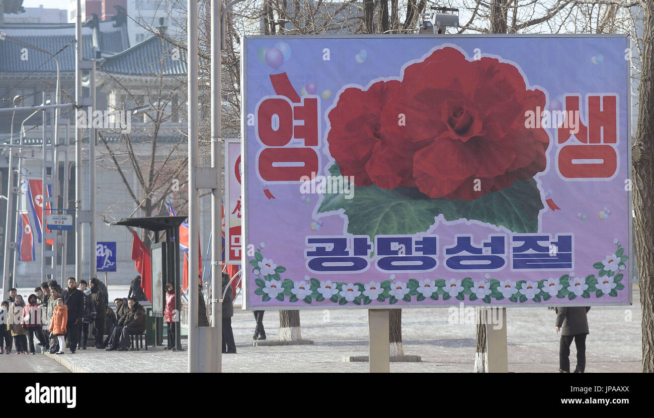 Photo taken Feb. 16, 2016, shows a signboard installed in Pyongyang to ...