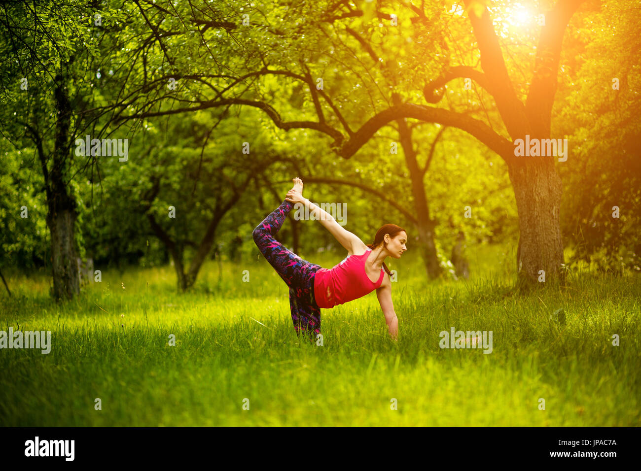 Practicing yoga asanas in nature Stock Photo - Alamy