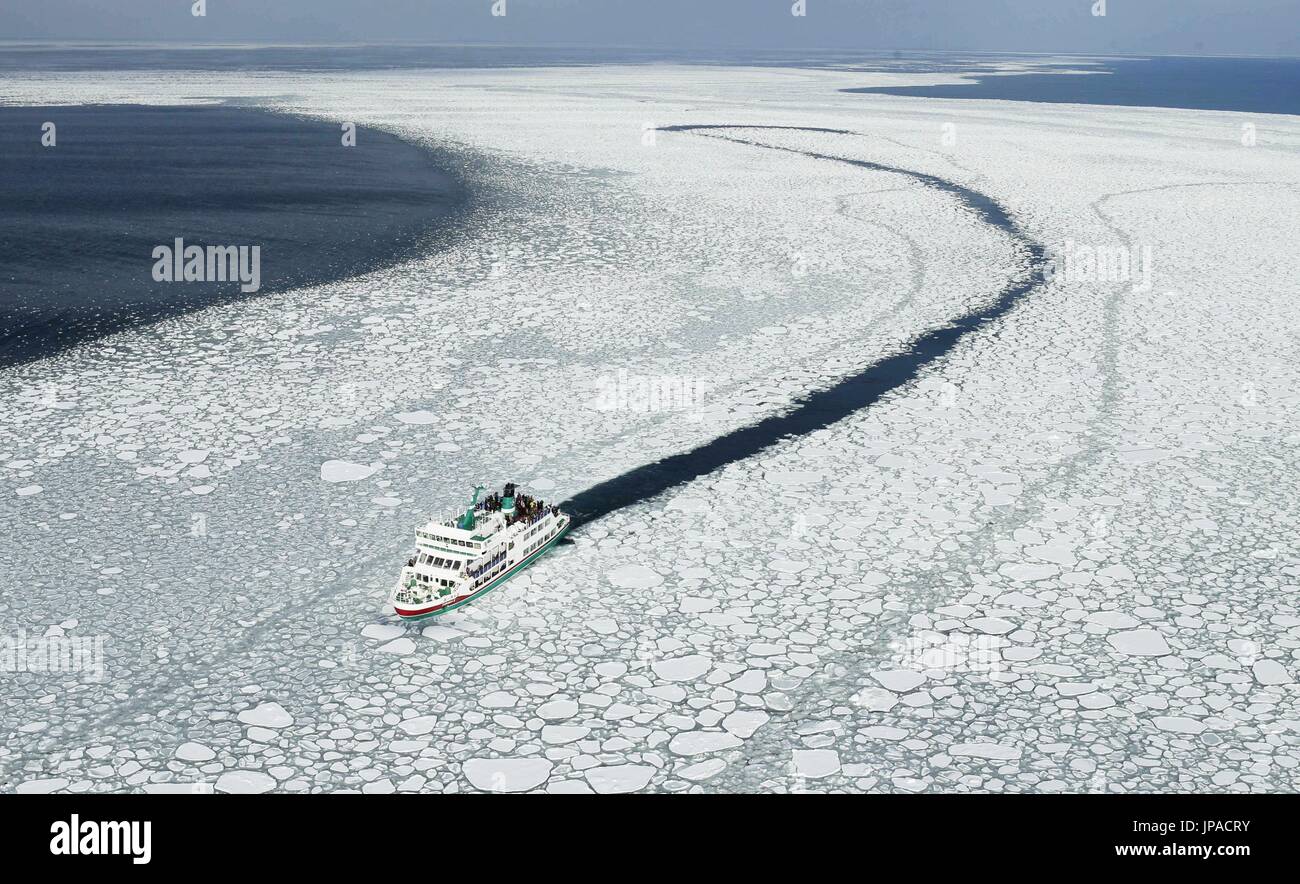 Photo taken from a Kyodo News airplane shows drift ice, which came ...