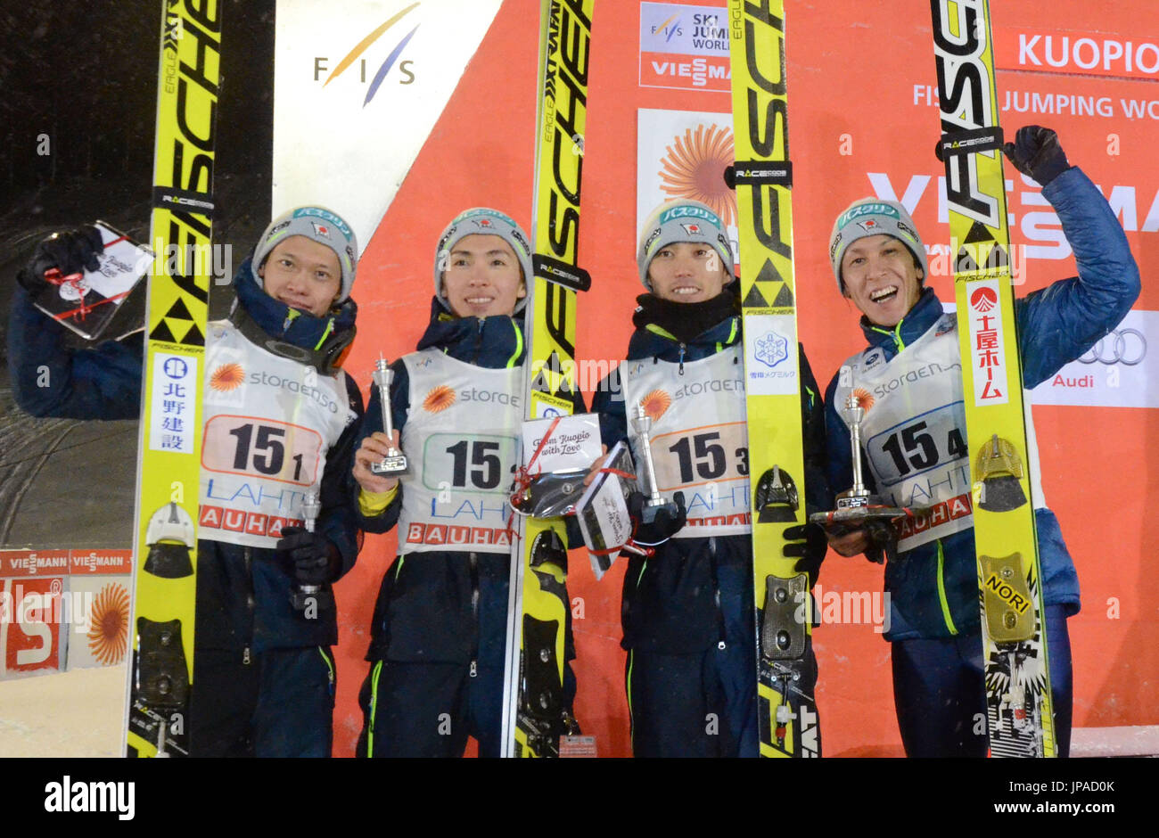 (From L to R) Japan's Taku Takeuchi, Kento Sakuyama, Daiki Ito and Noriaki Kasai pose for a ...