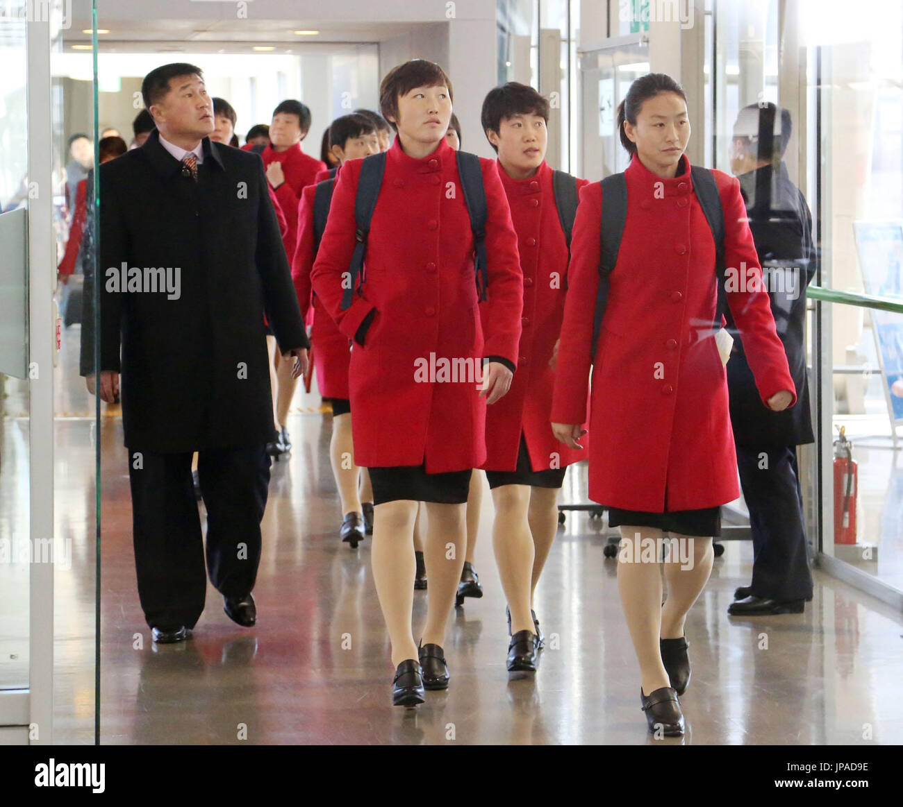 The North Korean women's soccer team arrives at Kansai International Airport in Osaka Prefecture ...