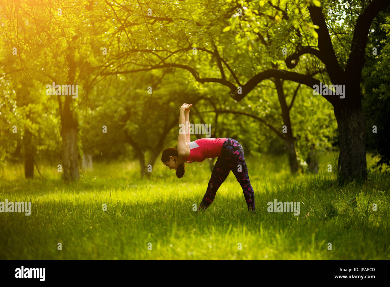 Woman doing Intense side stretch pose practicing yoga Stock Photo - Alamy