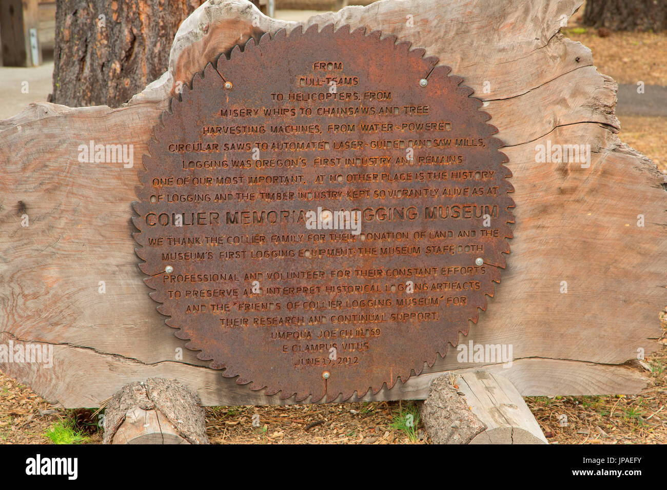 Dedication plaque, Logging Museum, Collier Memorial State Park, Oregon ...
