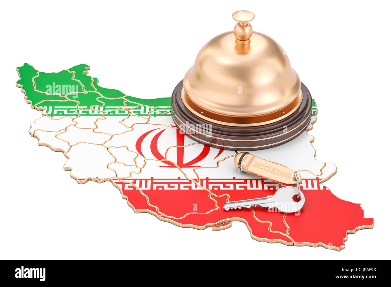 Iran booking concept. Iranian flag with hotel key and reception bell ...