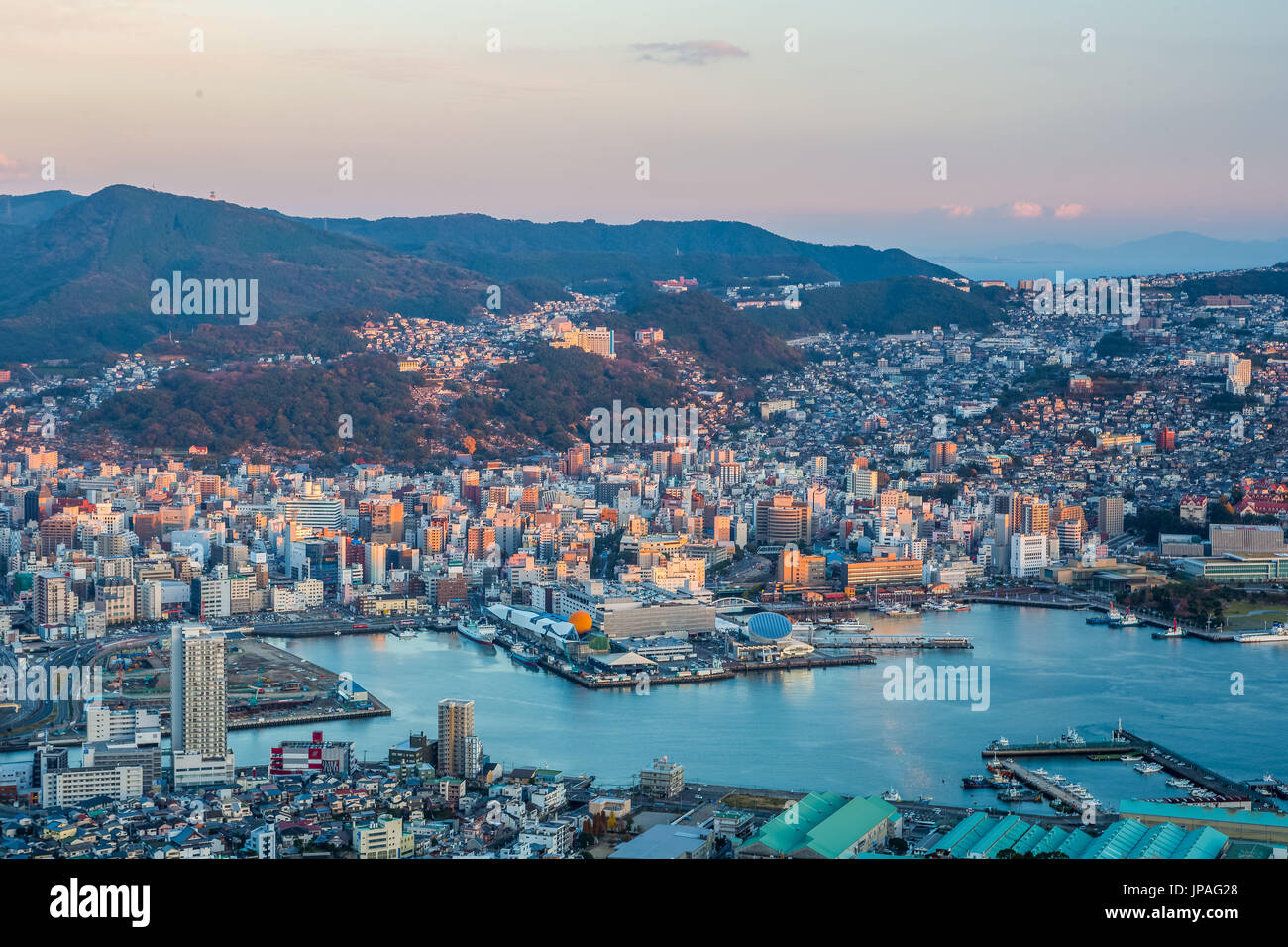 Japan, Kyushu, Nagasaki City, Nagasaki Bay at sunset from Mount Inasa ...