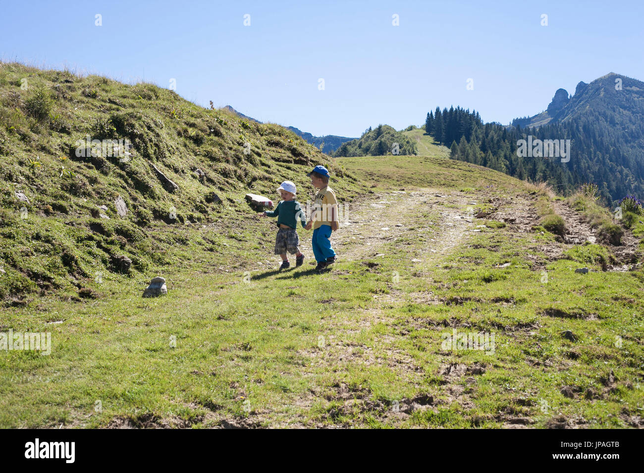 Two children with the hiking on the Genneralm, Hintersee, Salzkammergut ...