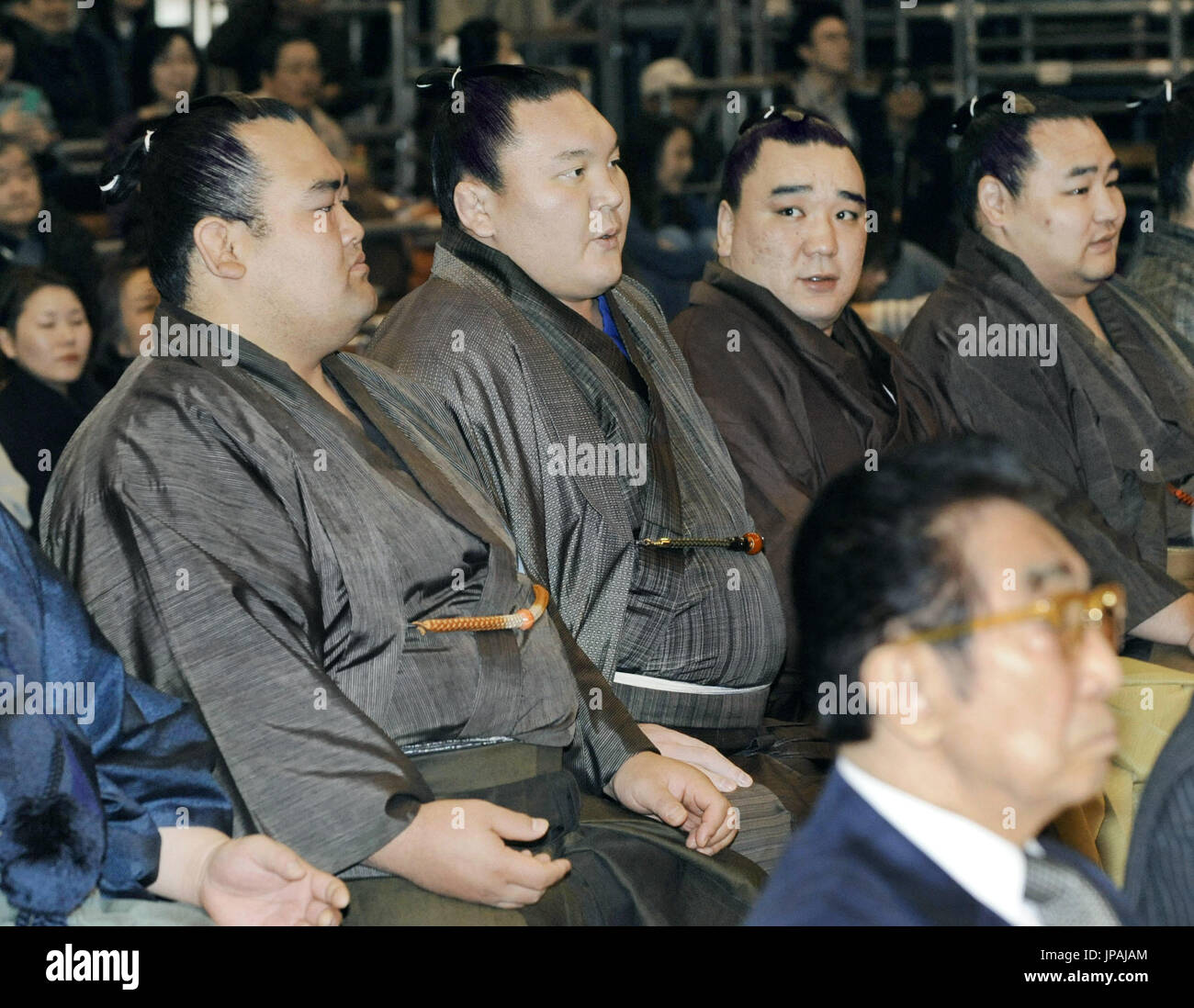 Japanese ozeki Kotoshogiku (L) and the Mongolian yokozuna trio of ...