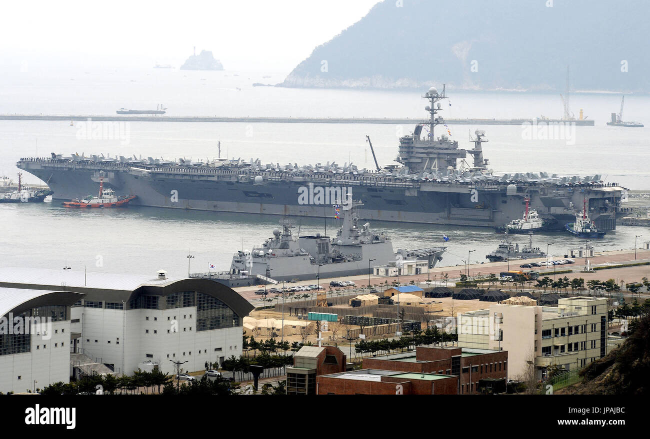 Nuclear-powered aircraft supercarrier USS John C. Stennis arrives in Busan port in Busan, South ...