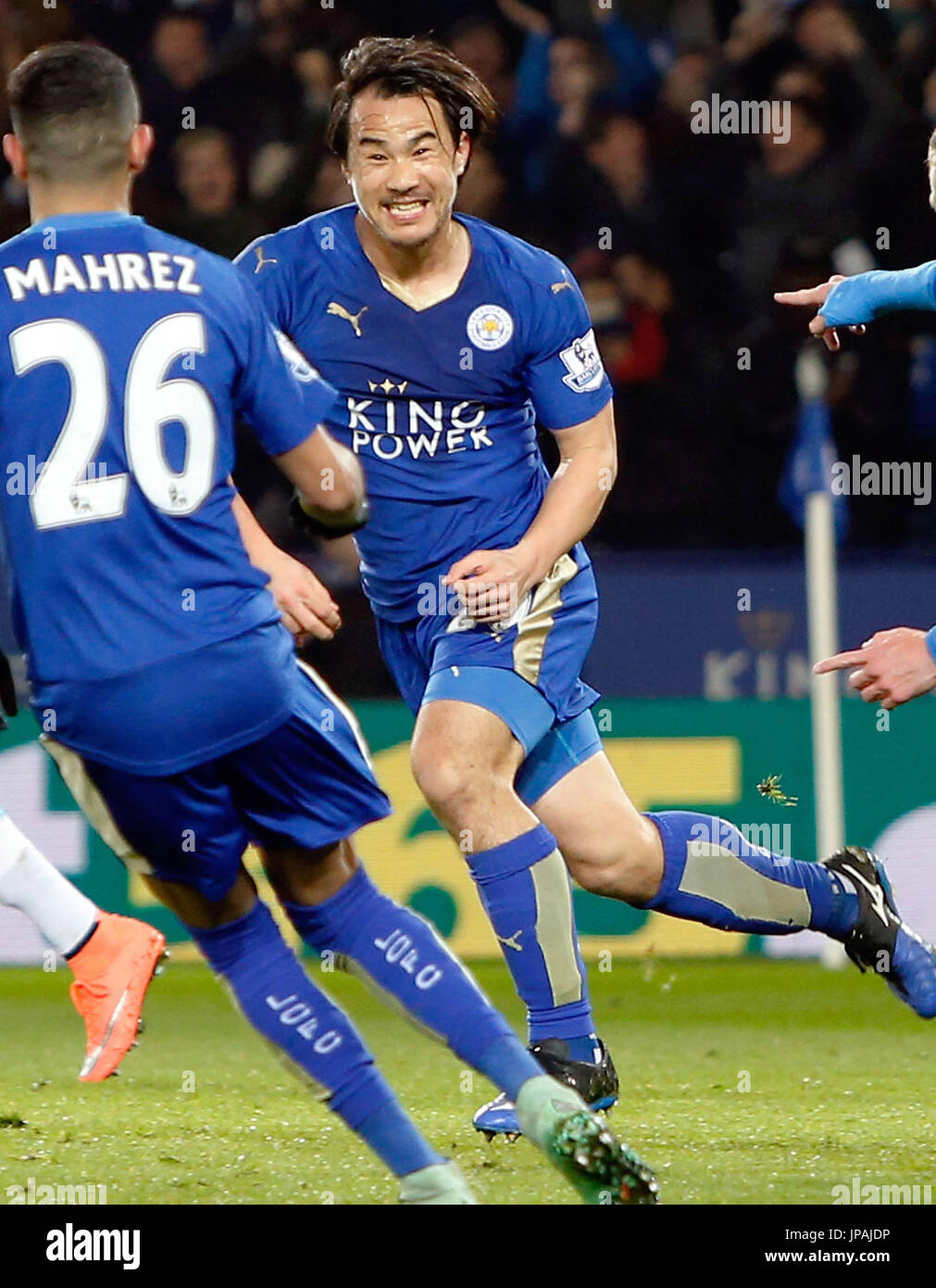Shinji Okazaki of Leicester City celebrates after scoring in the first ...