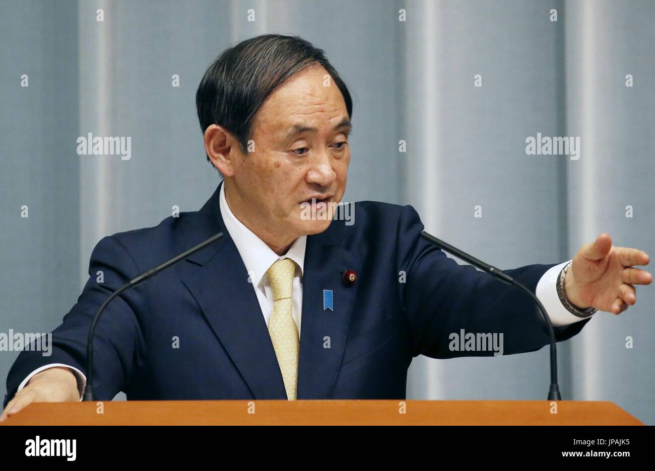 Chief Cabinet Secretary Yoshihide Suga attends a press conference in ...