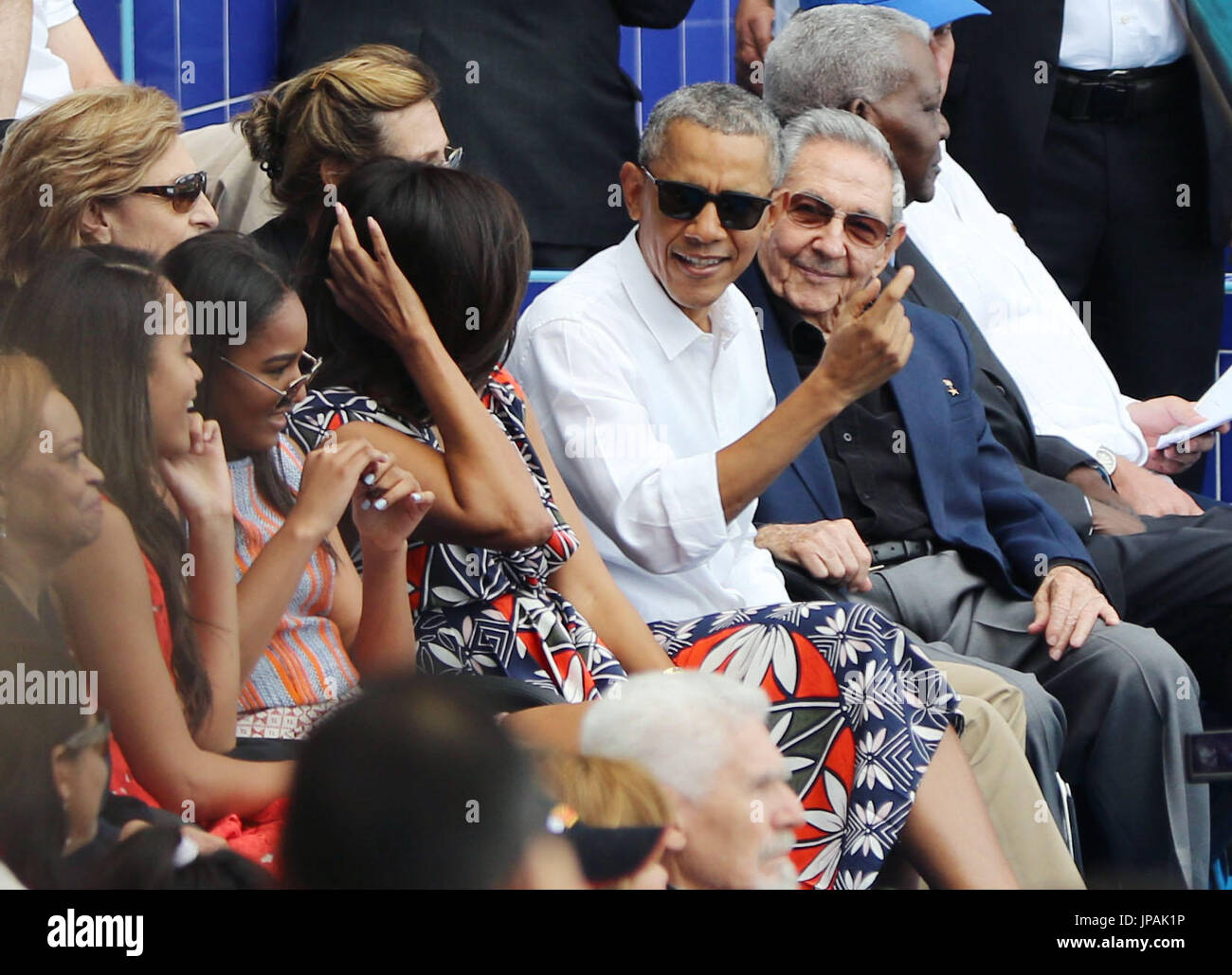 U.S. President Barack Obama and Cuban President Raul Castro watch an ...