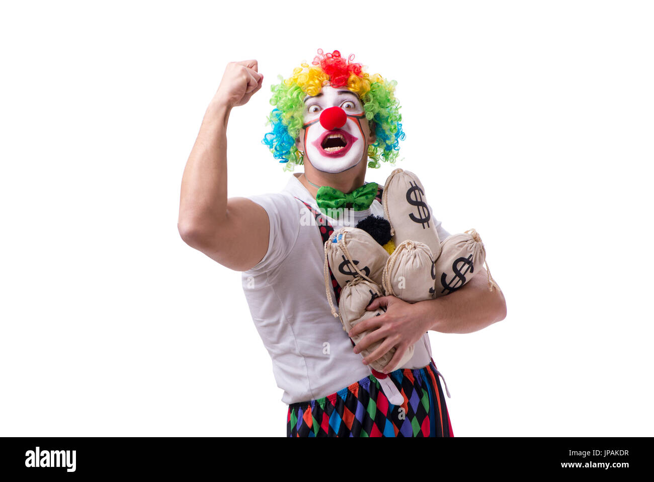 Funny clown with money sacks bags isolated on white background Stock ...