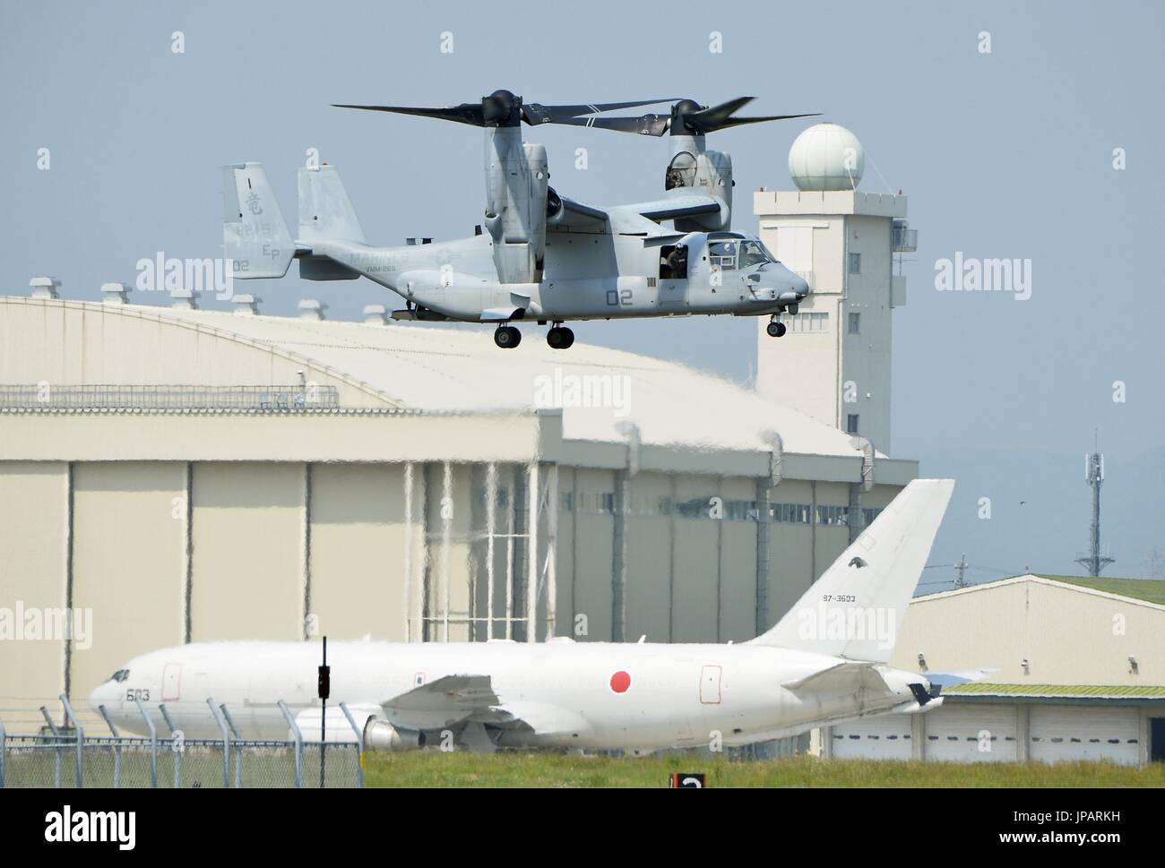 A U.S. military Osprey tilt-rotor aircraft arrives at Nagoya airport in ...