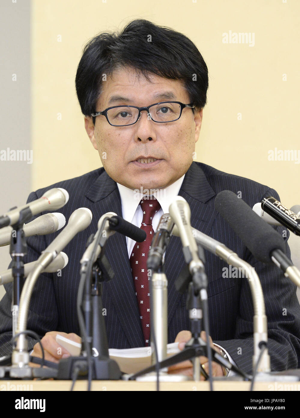 Former internal affairs minister Hiroya Masuda meets with reporters in ...