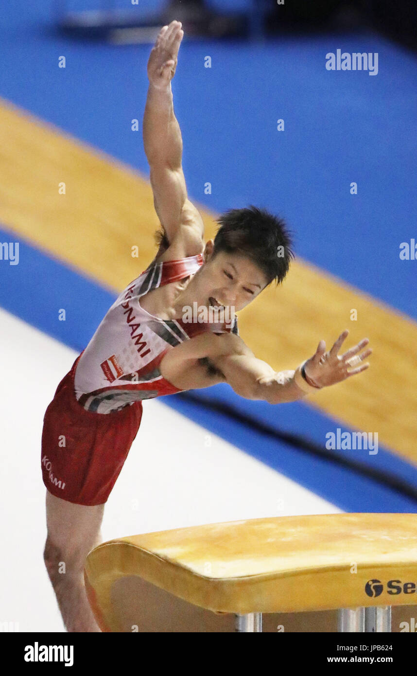 Kohei Uchimura performs on the vault during the men's individual all ...