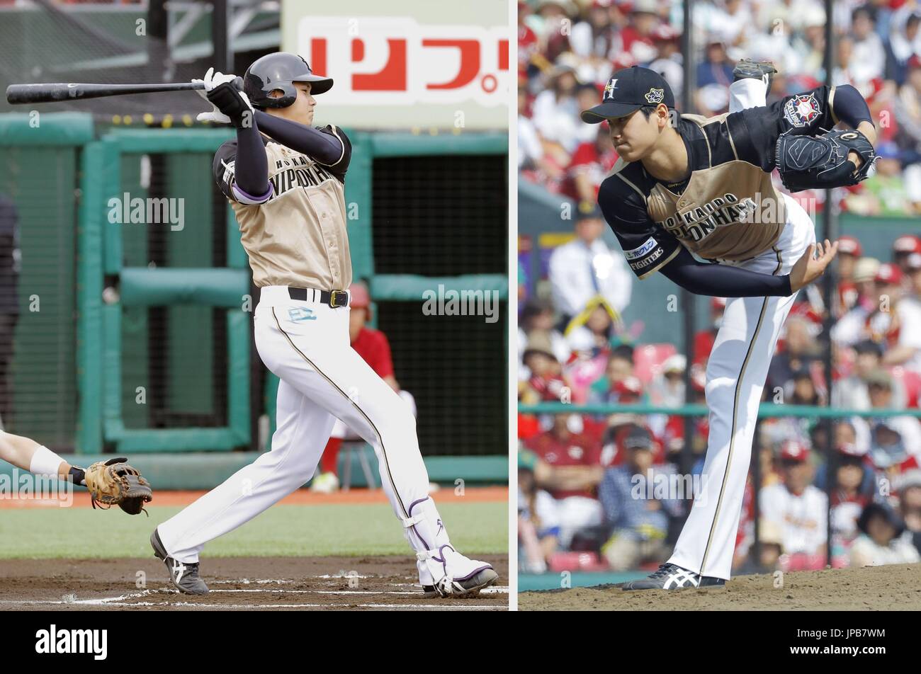 Combined photo shows Shohei Otani hitting an RBI double (L) and ...
