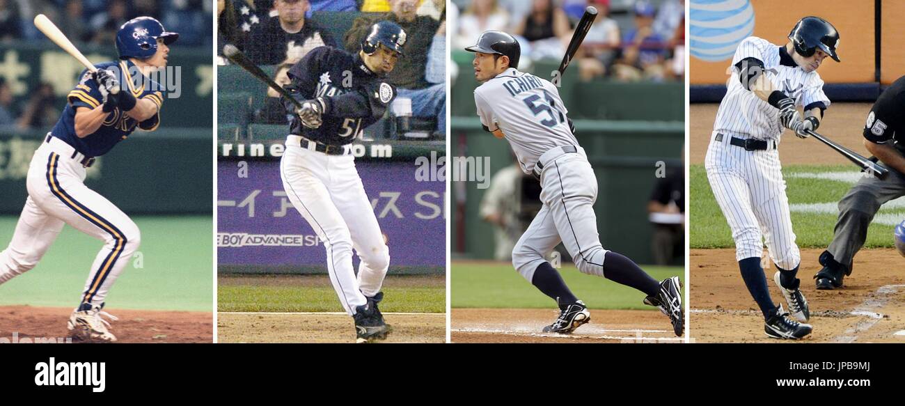 Combined photo shows Ichiro Suzuki's career hit (from L to R) No. 1,000 ...