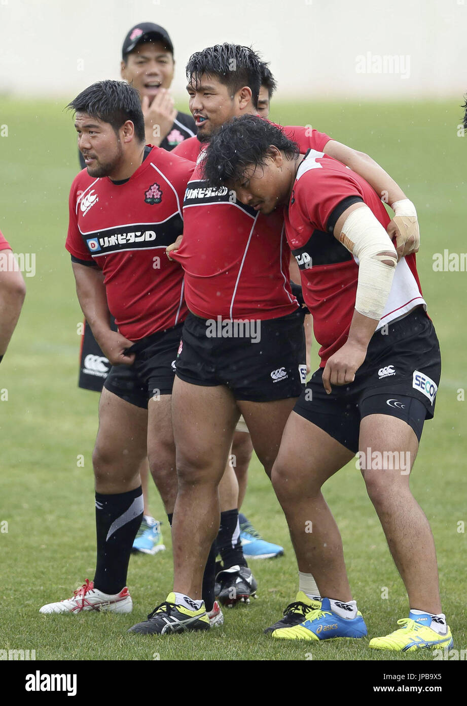 Japan's rugby team players -- (from L) Kensuke Hatakeyama, Shota Horie and Keita Inagaki ...