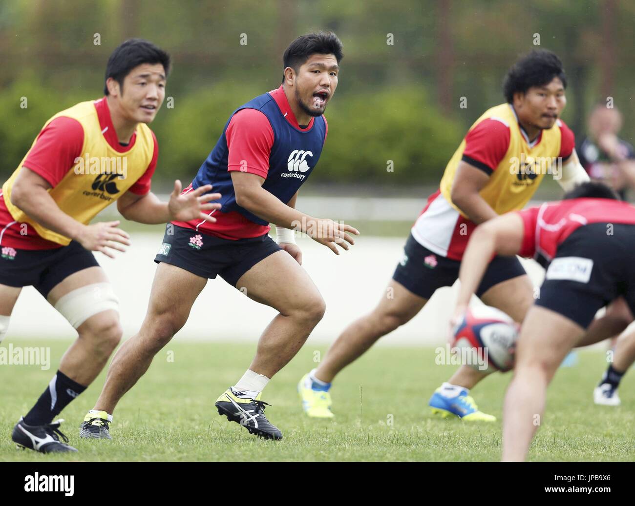 Japan's rugby team players -- (from L) Shokei Kin, Shota Horie and ...