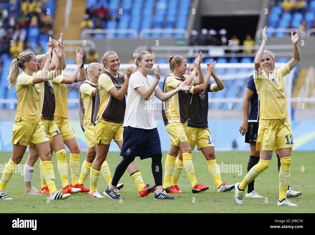 Swedish players celebrate after beating South Africa 1-0 on Aug. 3 ...