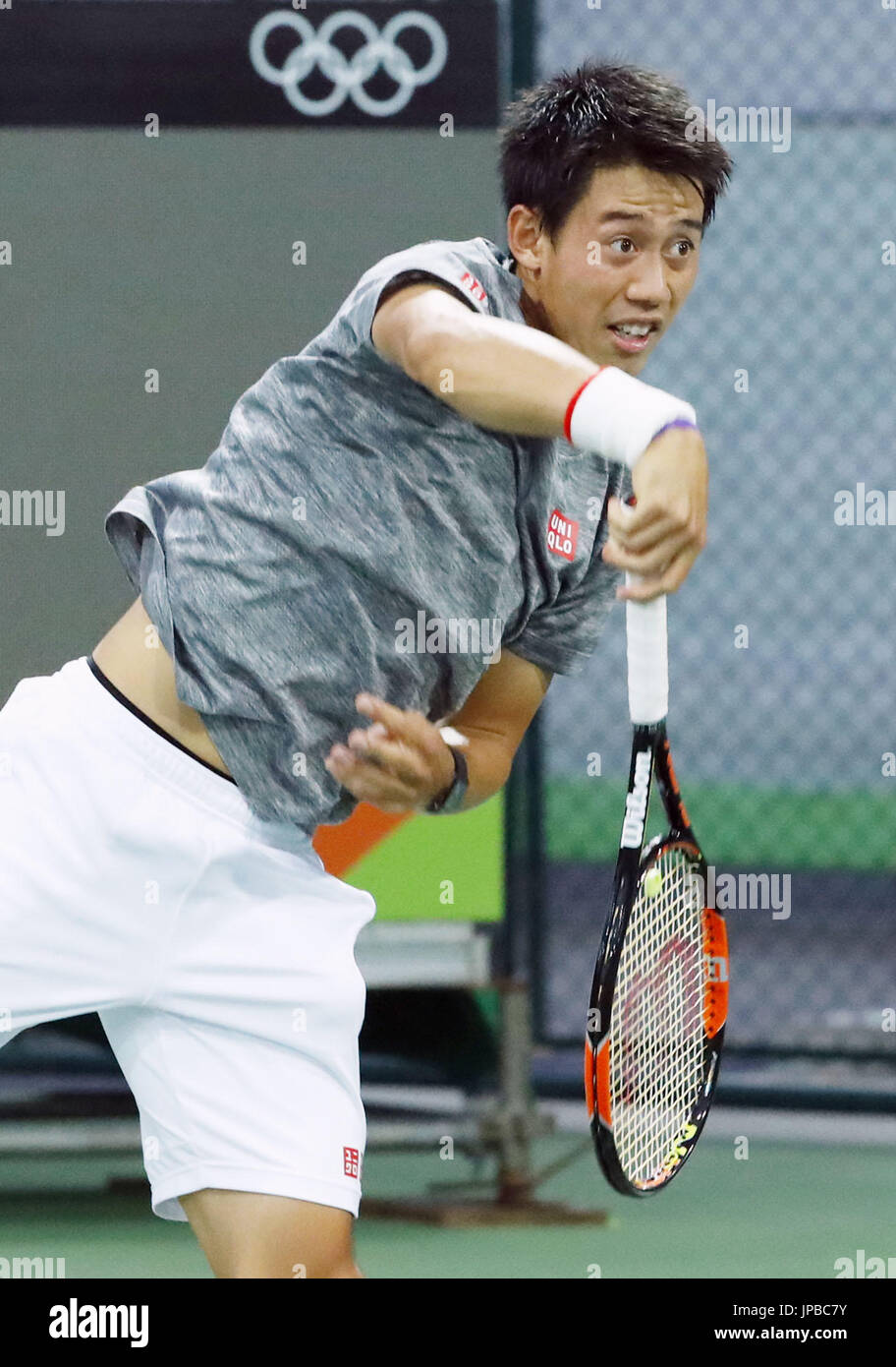Japan's Kei Nishikori works out at the Olympic Park in Rio De Janeiro ...