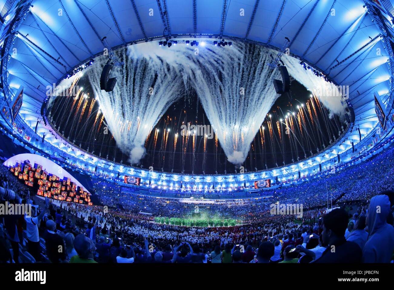 Photo shows fireworks displayed during the opening ceremony of the 17-day Rio de Janeiro Olympic ...